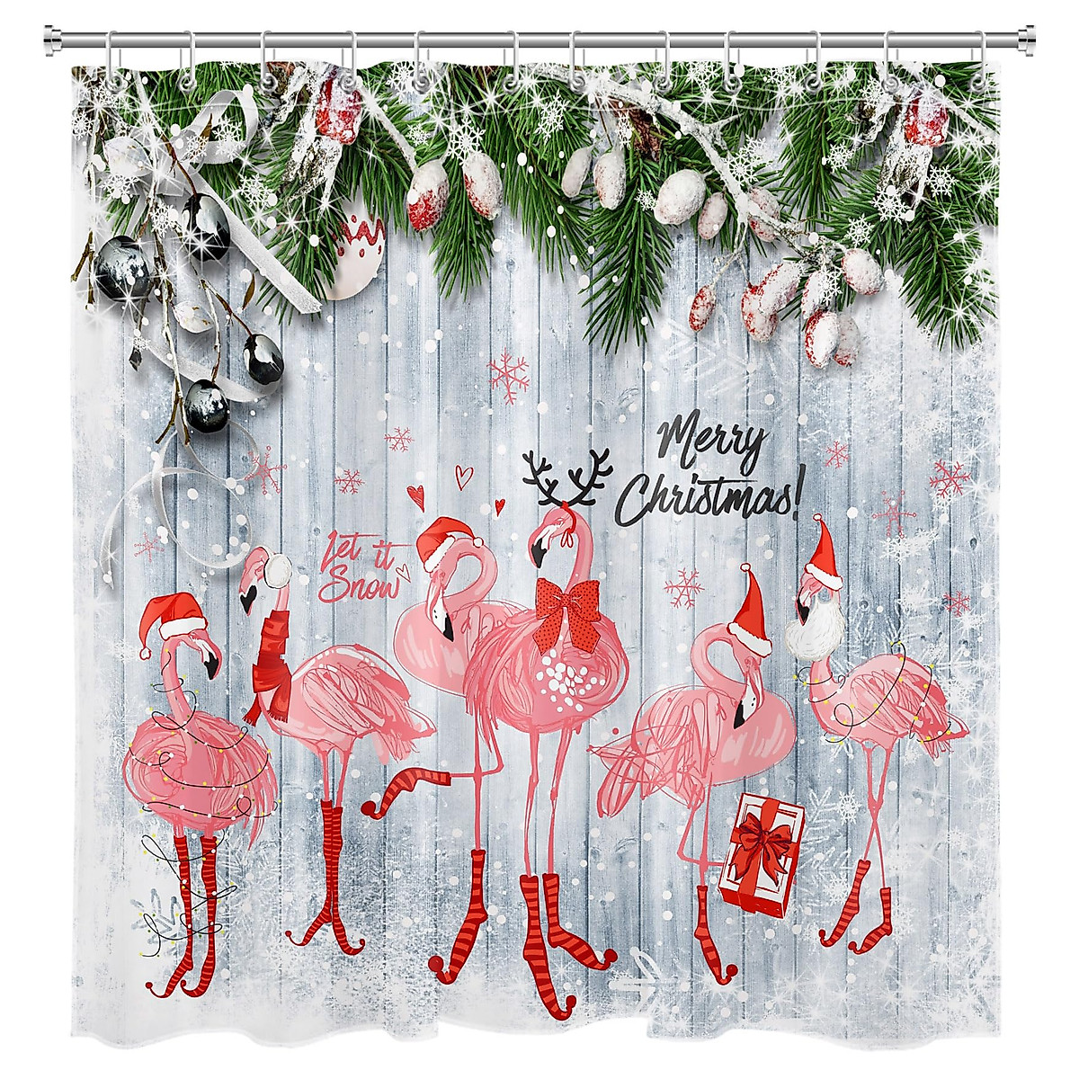 HVEST Christmas Flamingo Shower Curtain, Pink Flamingos with Xmas Hat on Grey Board Shower Curtain with Hooks, Pine Tree and Snowy Berry with Snowflake Polyester Fabric Bath Decor, 78L x 72W Inches