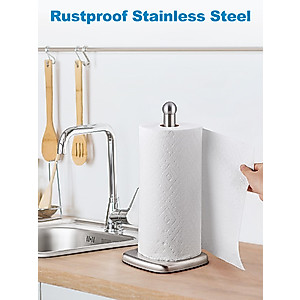 SMARTAKE Paper Towel Holder for Countertop, Standing Kitchen Roll Holder with Suction Cups, Non-Slip Paper Towel Stand, Stainless Steel, Weighted Base, for Kitchen Bathroom, Square Base (Silver)