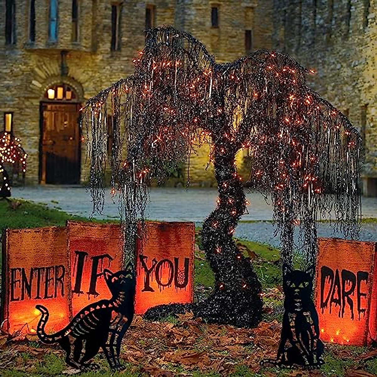 YEAHOME Halloween Decorations Outdoor, 2 Pack Skeleton Black Cat Garden Stakes for Halloween Decor, Scary Metal Cat Silhouette Yard Signs for Outside Garden Lawn Patio Party Decorations