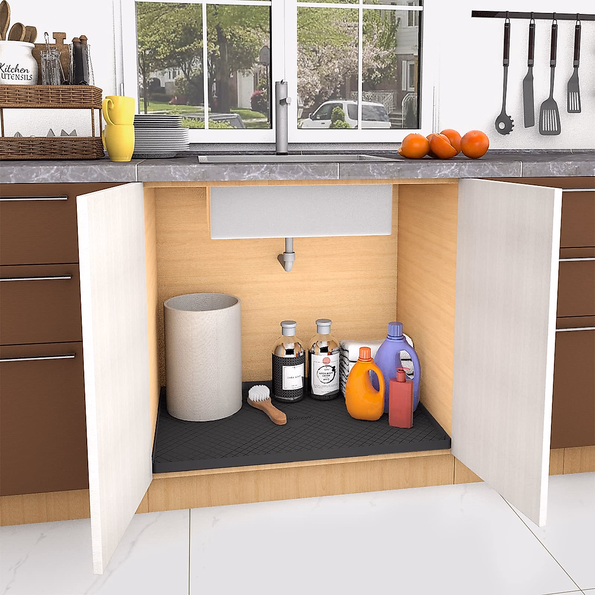 Mats Under Sink Kitchen Cabinet Mat, 34" x 22" flexible waterproof Silicone Cabinet Protector & Drip Tray Liner Unique Drain Hole Design. Hold up to 3.3 Gallons of Liquid(Black)