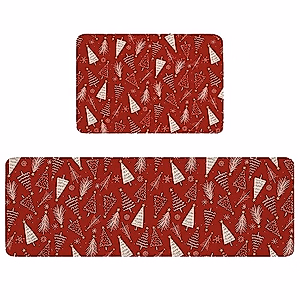 Libaoge Christmas Kitchen Mat Rug Set of 2 Xmas Tree Red Background Runner Rug Anti-Fatigue Comfort Memory Foam Standing Mat Non-Slip Floor Door Mat for Bathroom Bedroom 18x30in+18x60in