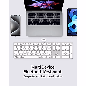SODI Wireless Keyboard for Mac with Numeric Keypad, Backlit, Wireless, Rechargeable, Programmable Keys. Compatible with MacBook Pro/Air, iMac, Mac Mini/Pro, iPad, iPhone, US English, White