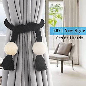 Porlau 2 Pack Black Magnetic Curtain Tiebacks Cotton Hand Woven Tieback Holdback Decorative Tie Backs for Drapes with Wooden Buckle No Tools Required