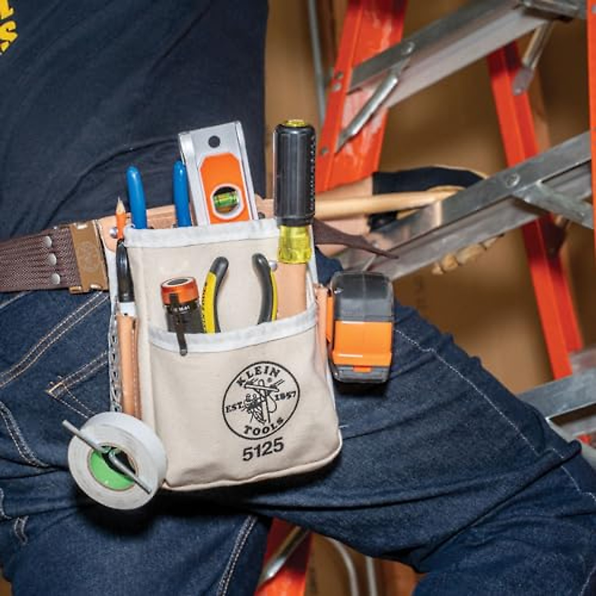 Klein Tools 5125 Canvas and Leather 5-Pocket Tool Pouch with Chain Tape Thong and Tunnel Belt Connection
