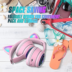 Zuri Sana Cat Ear Gaming Bluetooth 5.2 Wireless Foldable Headphones with LED Light, Over Ear Stereo Sound Music Headsets with Microphone AUX for PC TV Pad Cellphone Laptop Game Kids Adults Gift
