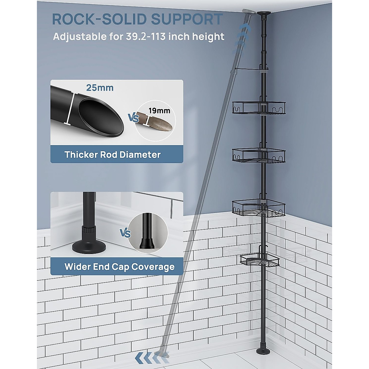 SEIRIONE Corner Shower Caddy Tension Pole, 4-Tier Rust-Free Shower Organizer Corner, Adjustable Shower Shelf for Inside Shower, Easy-Install Shower Rack for Shower Storage, 61.3 to 113Inch, Black