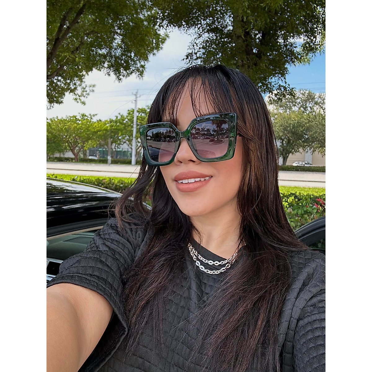 FEISEDY Sunglasses Womens Trendy, Oversized Square Shades, Pearl Inlay Cat Eye Frame UV400 Protection B2625,Clear Green/Gradient Grey