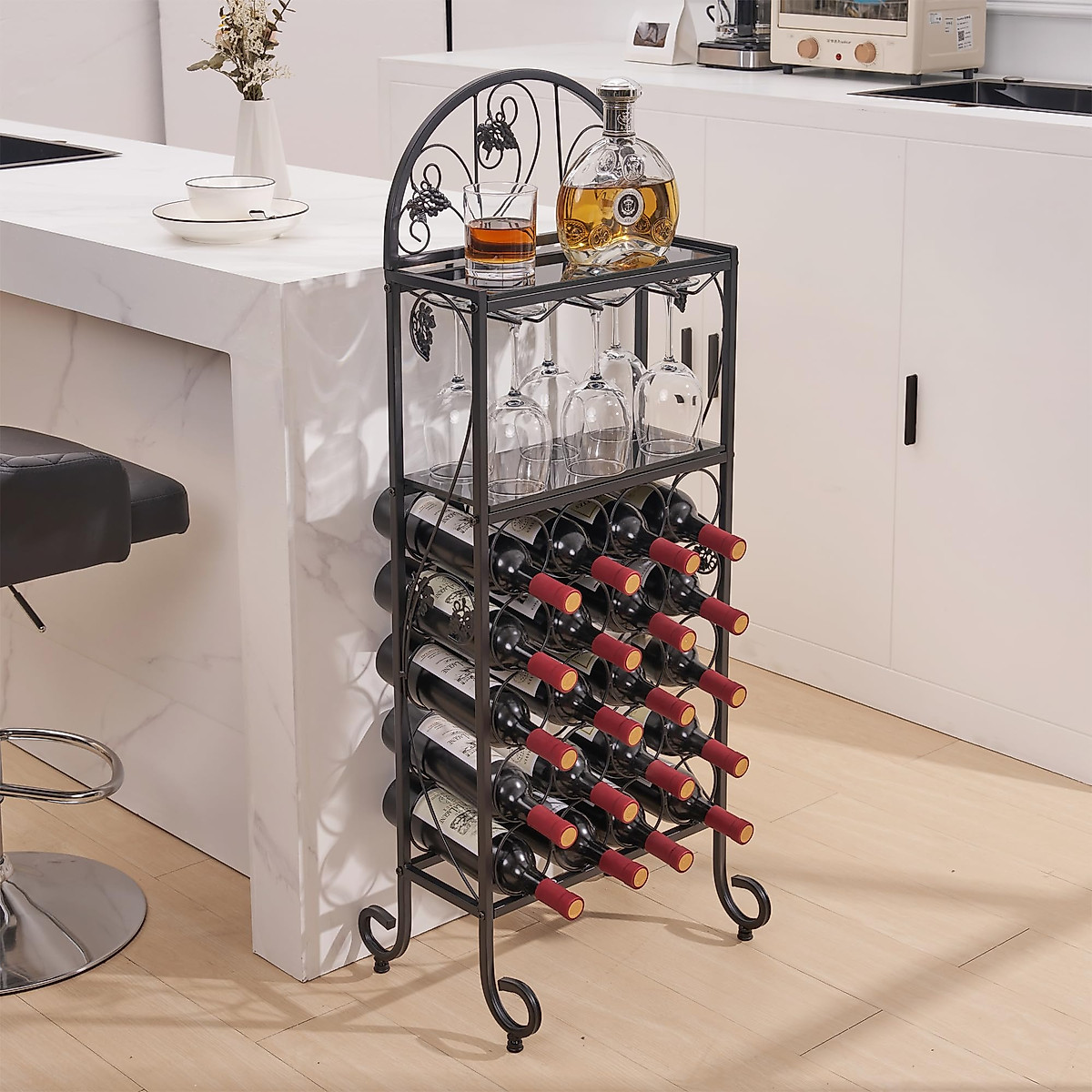 VECELO Freestanding Wine Rack Bar Table Holder, Tempered Glass Top, Liquor Display Shelf Stand for Home Kitchen Pub, 20 Bottles, Black