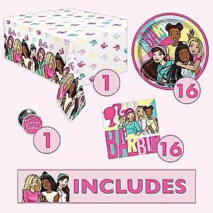 Unique Barbie Party Decorations | Serves 16 Guests | Officially Licensed | Barbie Birthday Decorations | Barbie Birthday Party Supplies | Barbie Tablecover, Plates, Napkins, Button