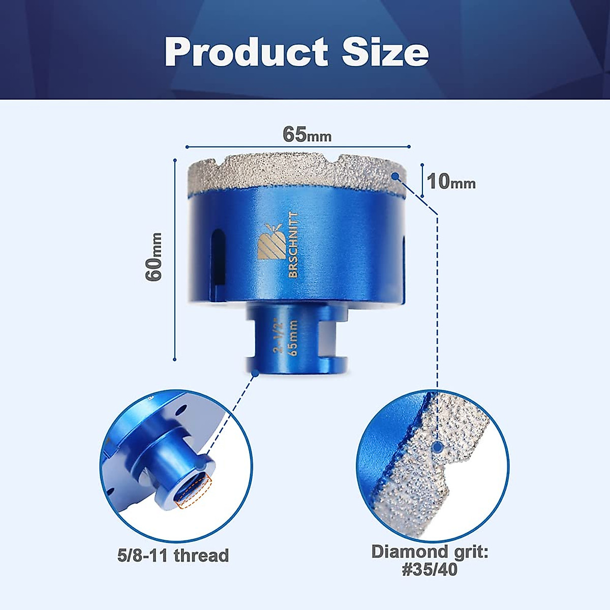2-1/2 Inch Diamond Core Drill Bit for Porcelain Tile Ceramic Marble Granite Drilling,BRSCHNITT 1pc Vacuum Brazed Diamond Hole Saw with 5/8-11 Thread (65mm)&adapter