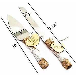 TANG SONG Rustic Style Stainless Steel Wedding Cake Knife and Serving Set Resin Plastic Handle with Twine Heart Love Wood Tag and Burlap Lace Design