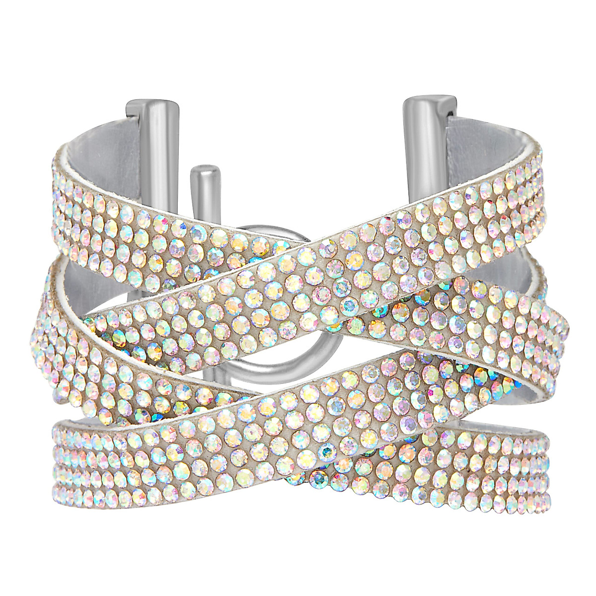 Badgley Mischka Women's Bracelet - Layered Multi Strand Crystal Crossover Toggle Open Cuff Bangle Bracelet, Rainbow Rhinestone