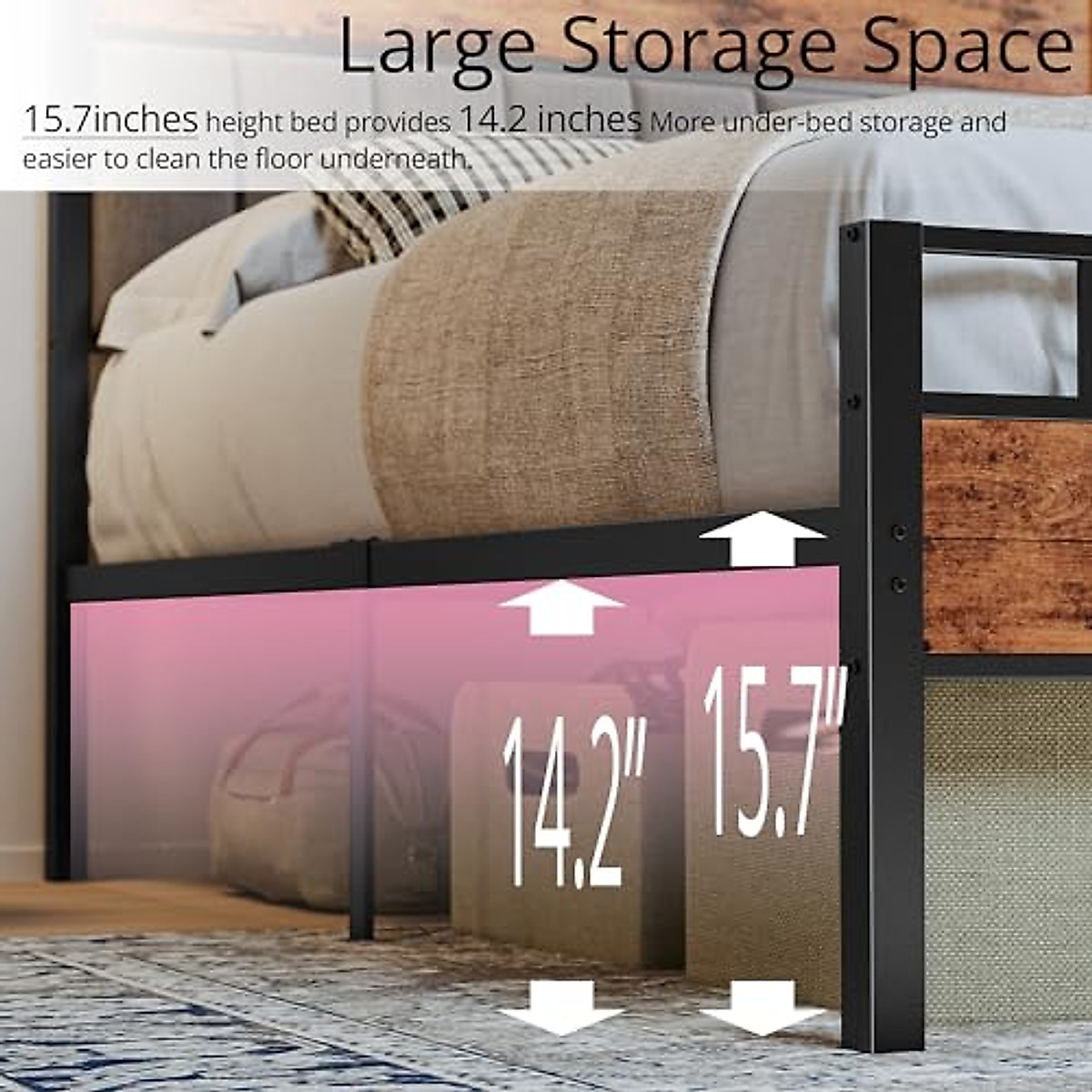 LIKIMIO Queen Bed Frame with 55 Inches upholstered high headboard, Sturdy and No Noise Platform Bed, No Box Spring Needed, Easy Assembly, Vintage Brown