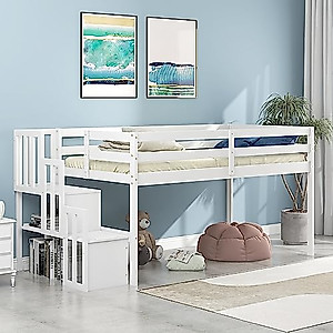 HABUHOME Low Loft Bed with Staircase,Twin Size Kids Loft Bed with Step Storage,Wood Loft Bed Frame Twin with Safety Guardrails for Girls, Boys,White