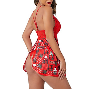 Avidlove Women Lingerie Lace Babydoll Strap Chemise Halter Teddy V Neck Mesh Nightgown Christmas Print M