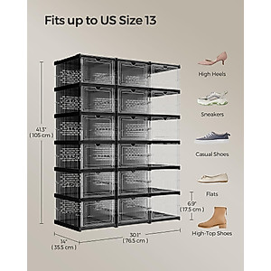 SONGMICS Foldable Shoe Boxes, Pack of 18 Stackable Shoe Storage Organizer, Set of 3 Integraed Shoe Cabinets, Portable, Fit up to US Size 13, 60s Assembly, Transparent and Ink Black ULSP207B01