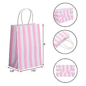 RNORRI Gift Bags 50Pcs 5.25x3.75x8 Inch Paper Bags Small Pink And White Bags Pink Party Bags Shopping Bags With Handles, Striped Bags For Baby Shower, Birthday, Business, Retail