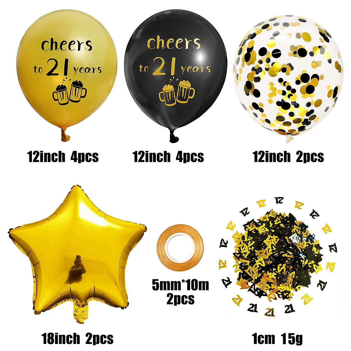 SHUNTAI Cheers to 21 Years Balloons Black and Gold Birthday Decorations 21st Birthday Balloons Latex Gold Confetti Balloon for Him Her 21 Anniversary Theme Happy Birthday Party Decor 12 inch