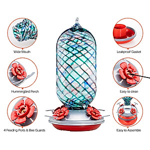 Muse Garden Hummingbird Feeders for Outdoors Hanging, Blown Glass Hummingbird Feeder, Unique Hummingbird Gifts for Women, Containing Ant Moat, 28 Ounces, Ocean Mermaid