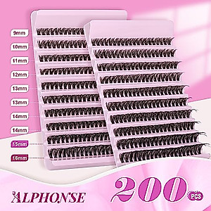 Lash Clusters 200 Pcs DIY Individual Lashes 9-16mm Natural Look Eyelash Extensions D Curl Wispy Individual Cluster Lashes DIY at Home Lash Extension Fluffy Eyelash Clusters by ALPHONSE(40D)