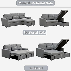 INSTORY Linen Sofa Bed Convertible Sectional Sofa Reversible Pull Out Couch Bed L-Shaped Sleeper Sofabed with Storage Chaise for Living Room