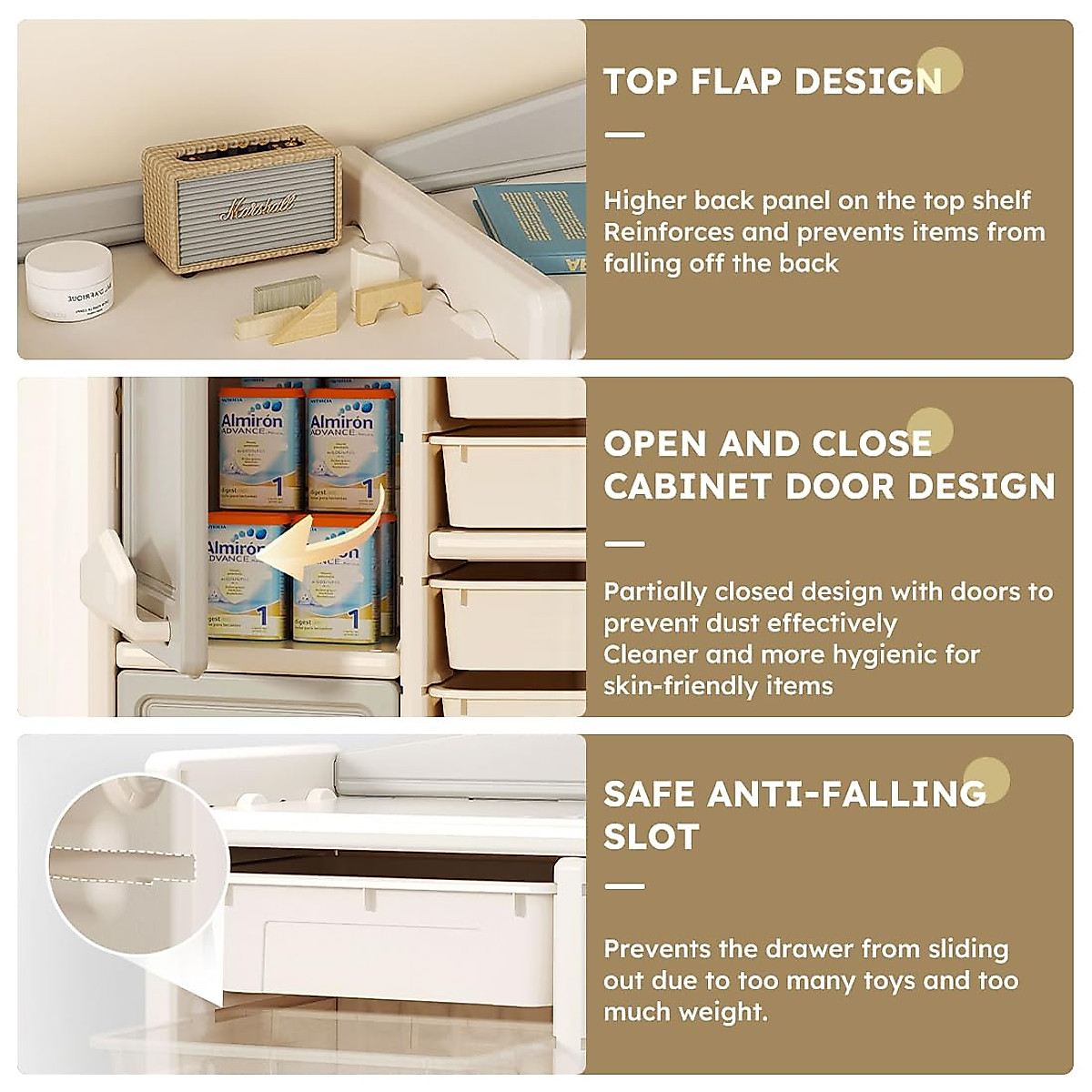 Runboll Toy Storage Organizer Bookshelf Multipurpose Toys Organization Chest Car with 10 Bins 2 Cabinets and 2 Shelves for School, Bedroom, Playroom or Nursery