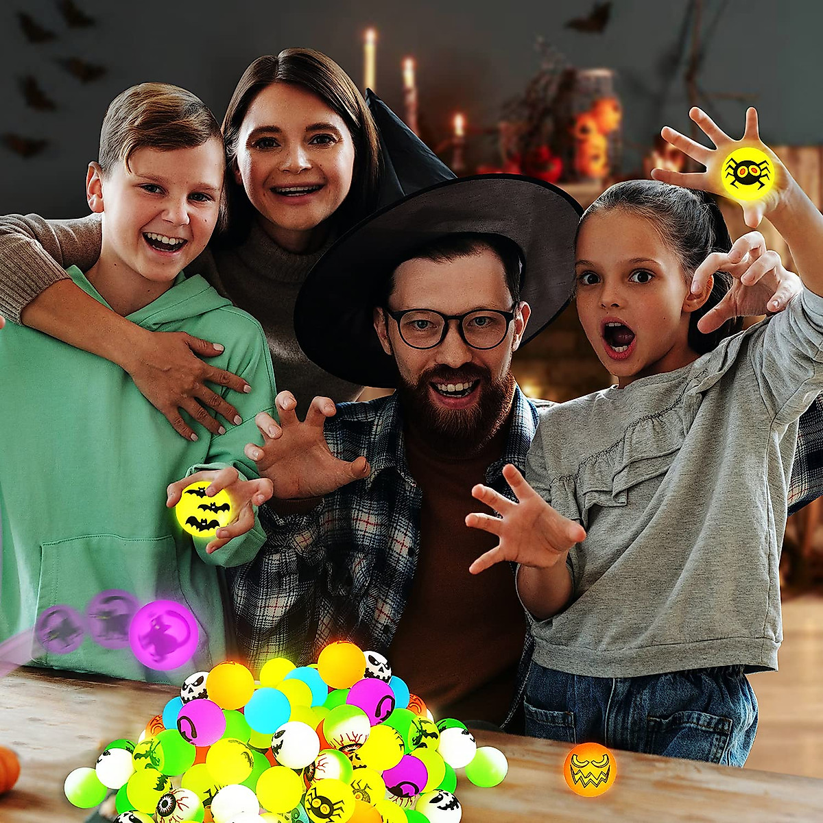 72 Glow in The Dark Halloween Bouncy Balls, 8 Halloween Designs - Eyeball Toy for Kids, Halloween Party Favor Supplies, School Classroom Game Rewards, Trick or Treating Goodie - With Pouch Bag