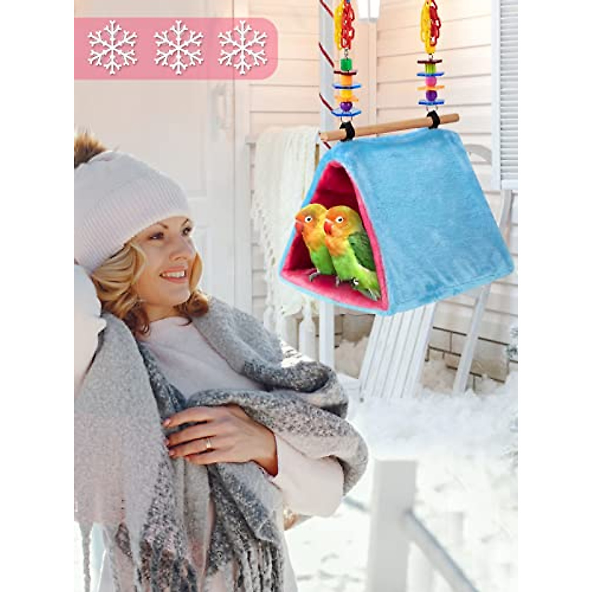 Winter Warm Bird Nest House, Double-Sided Birds Bed for Cage, Hammock Snuggle Hut with Chew Toy and Durable Wooden Stick for Cockatiels Parakeet African Grey Macaws Amazon Parrots