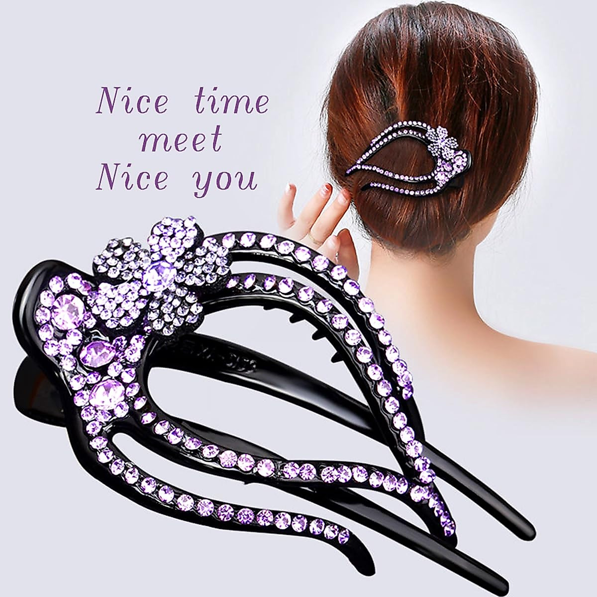 Yusier 4PCS Heart Style Ponytail Duckbill Clips with Headdresses for Women, Flower Rhinestone Barrettes Sparkly Prom Diamond Hair Clips (Plum Blossom)