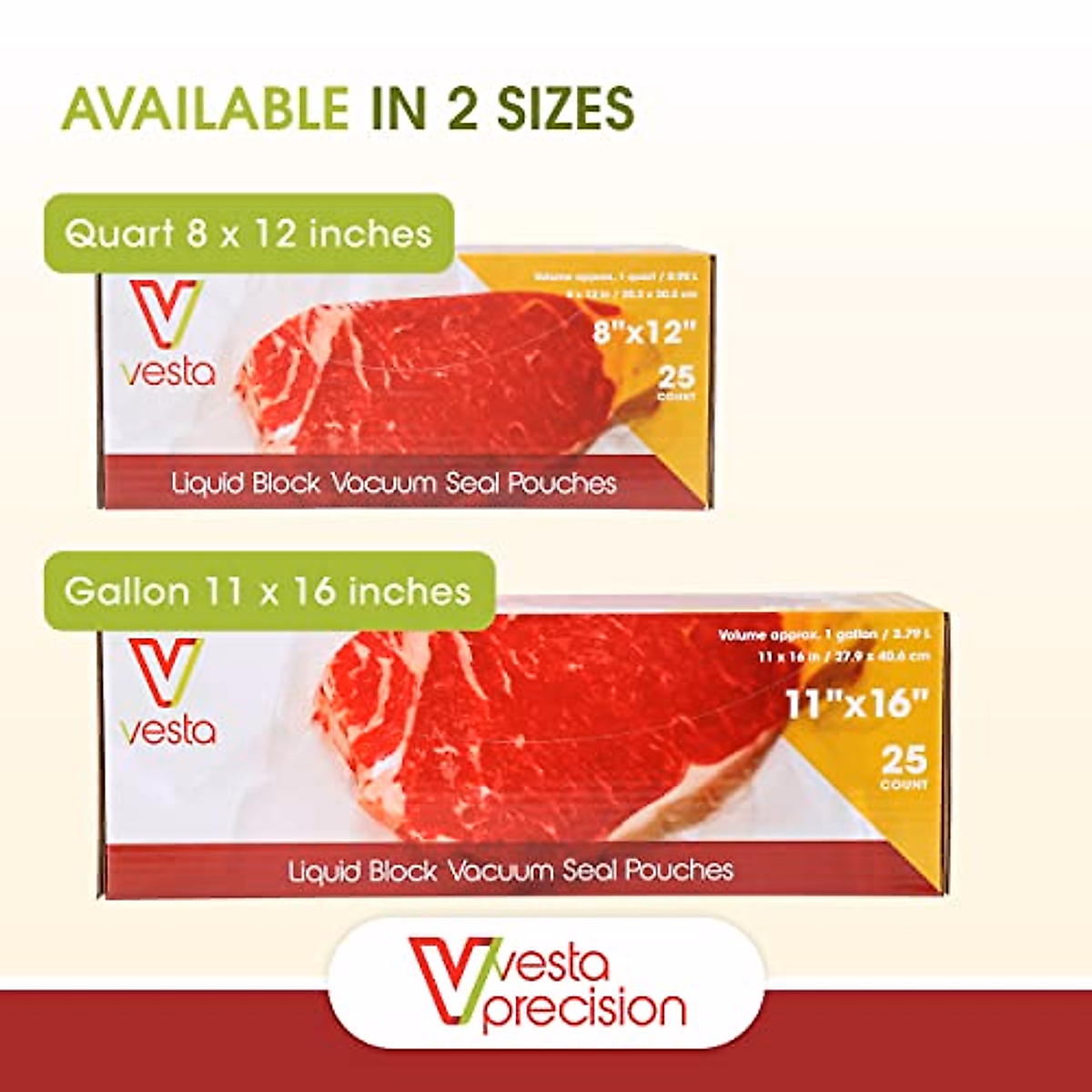 Vacuum Seal Pouches by Vesta Precision | Clear and Embossed Vacuum Sealer Bags | Liquid Block | 25 Vacuum Bags per Box (8x12)