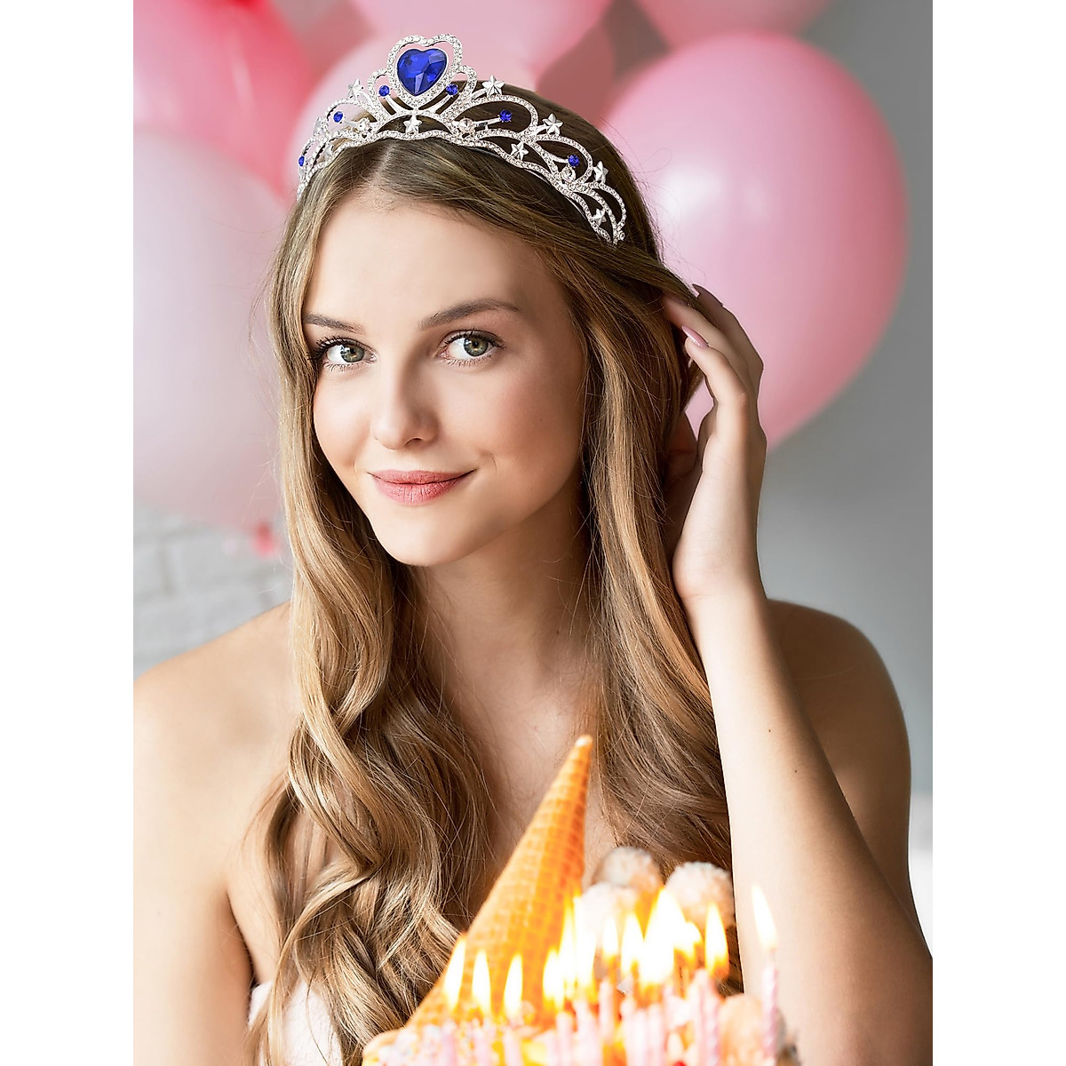 SWEETV Birthday Crowns for Women Birthstone Heart Princess Tiara Silver Wedding Headband for Birth Day Party Photograph, Sep