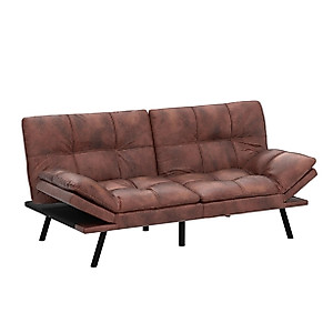 Opoiar Faux Leather Sleeper Sofa,Memory Foam Futon Sofa Bed,Foldable Couch Sleeper,Compact Sofa Padded with Metal Legs, Modern Convertible Loveseat Sofa for Living Room,Apartment,Studio,Brown
