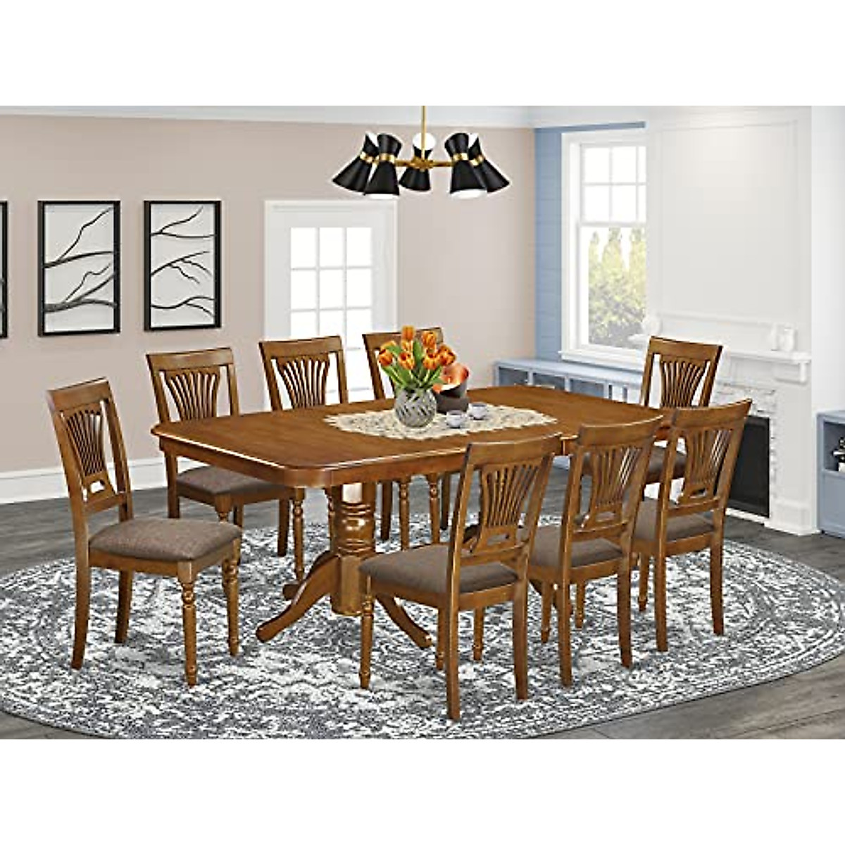 East West Furniture NAPL9-SBR-C Dining Set, Linen Fabric Seat
