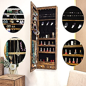 Ntufrest Mirror Jewelry Organizer, Upgraded 6 LED Lights Wall/Door Mounted Jewelry Armoire Cabinet, Full Length Mirror with Storage, Lockable Makeup Organizer and Storage