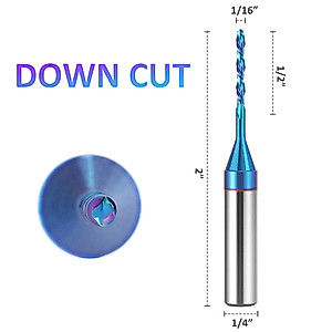 HQMaster Spiral Router Bits 1/4 inch Shank 1/16“ Cutting Diameter Solid Carbide Nano Blue Coated Spiral CNC Bits End Mill for Wood Cut Carving Engraver (1/16" Downcut)