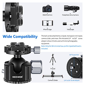 Neewer Low Profile DSLR Camera Tripod Ball Head, 54mm All Metal Panoramic Camera Mount Tripod Head with 1/4” Quick Release Plate for DSLR Camera/Camcorder, Tripod, Monopod, Slider, Max Load 77lb/35kg