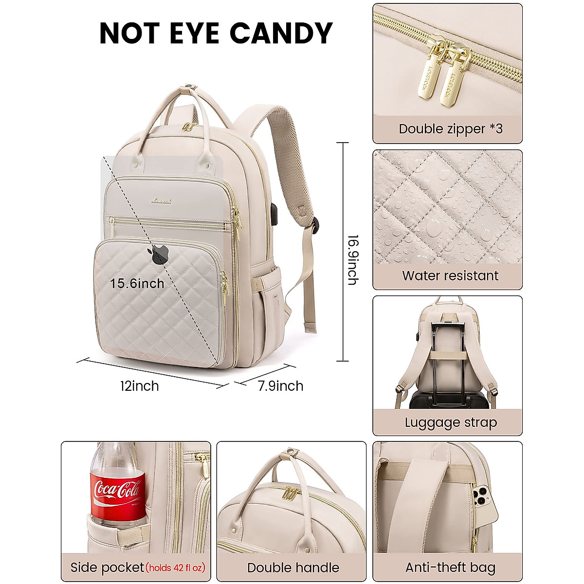 LOVEVOOK Laptop Backpack for Women, 15.6 Inch Computer Backpack for Teacher Nurse with Water Resistant, Lightweight Travel Work Backpack with USB Charging Port, Quilted Commuter Backpack purse, Beige