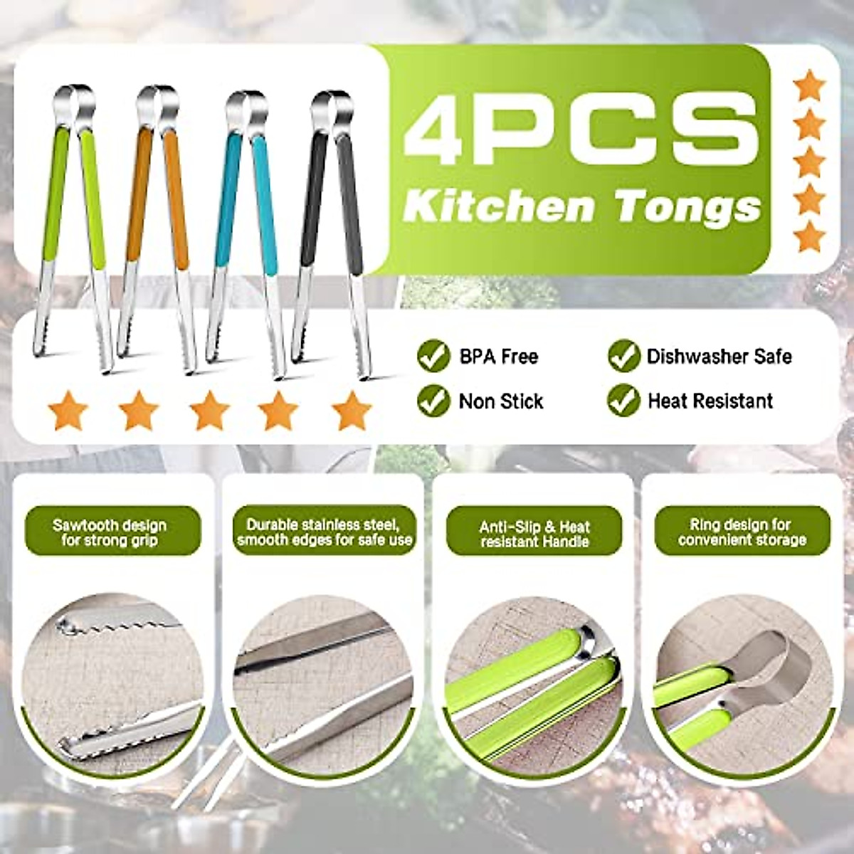 4Pcs Stainless Steel Kitchen Tongs, Serving Tongs for Cooking, 10" Metal Food Tongs with Non-Slip Comfort Grip, Non-Stick Cooking Tongs High Heat Resistant BBQ Tongs Grill Tongs for Barbecue Grilling
