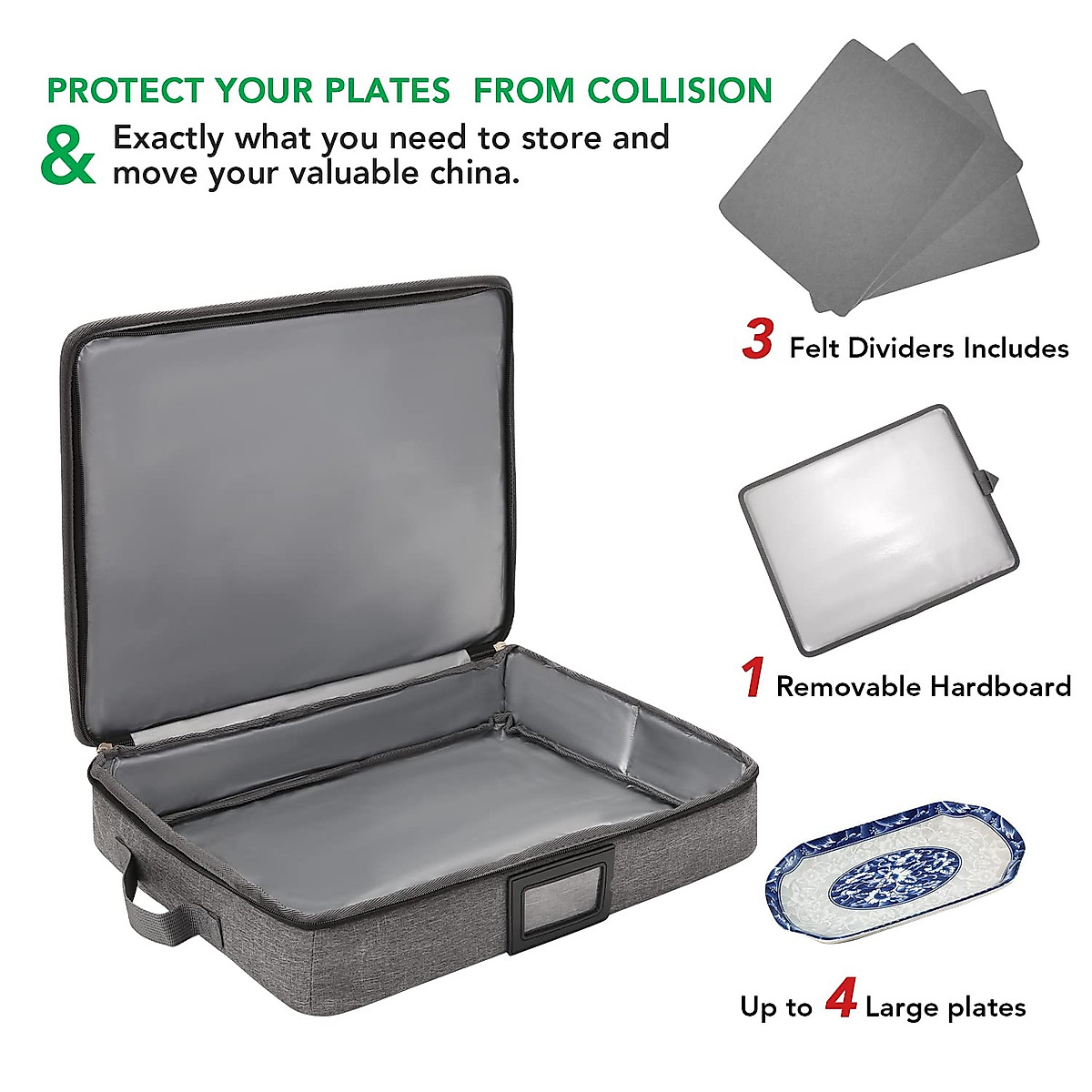 Platter Storage Case, China Storage Containers, Hard Shell and Stackable, 17'' x 13 inchs'' With Waterproof Inside - 4 Felt Dividers Included (Gray)