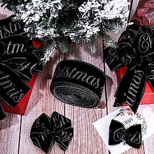 Whaline 50 Yards Christmas Velvet Wired Ribbon 2.5 Inch Merry Christmas Velvet Ribbon Black Silver Glitter Xmas Decor Wrapping Ribbon for Gift Wrapping Bow Wreath Crafts Home Decor, 2 Roll