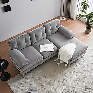 P PURLOVE Modern 3 Seater Sectional Sofa, L Shape Sofa with Comfortable Soft Back and Armrest, Modern Luxury Velvet Couch with Strong Metal Legs for Living Room Bedroom (Light Grey)