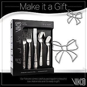 Vikko Silverware Set, Hammered Metal Set of Flatware, Service for 4 Strong and Durable 18/10 Stainless Steel Flatware Set, 20 Piece Set, Dishwasher Safe
