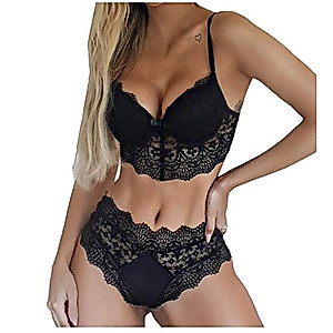 wodceeke Women's Sexy Sling Lace Plus Size Split Lingerie Embroidered Perspective Bodysuit Home Pajamas Set (Black, XXXL)