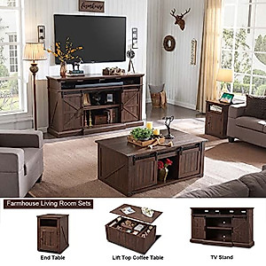 SinCiDo Farmhouse TV Stand for 80 Inch TVs, 39" Tall Entertainment Center w/Double Sliding Barn Door, Large Media Console Cabinet w/Soundbar & Adjustable Shelves for Living Room, 70inch, Brown