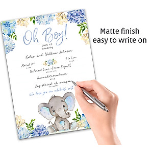 BLUE ELEPHANT Baby Shower INVITATIONS — Pack of 25 — BABY BOY Blank Fill-in Baby Shower INVITES, Oh Baby, Blue Floral BABY ELEPHANT BOY Baby Sprinkle Little Peanut Invitation SKU I531-INV1