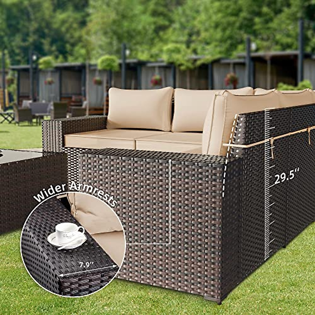 Grezone Patio Outdoor Furniture Sets with Fire Pit Table 7 Piece All Weather Wicker Conversation Sectional Sofa Couch Lawn Sectional Furniture with Washable Couch Cushions and Wicker Table, Beige