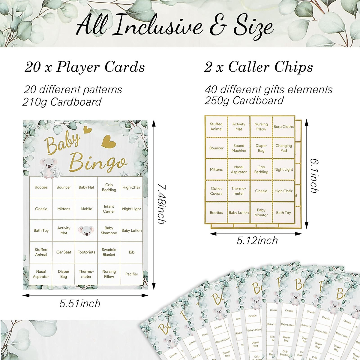 YIFAM Baby Shower Bingo Game Eucalyptus Foliage Edition, 20 Players Bingo Cards for Kids, Reveal Party Games Favors Supplies Decorations Souvenirs Gifts