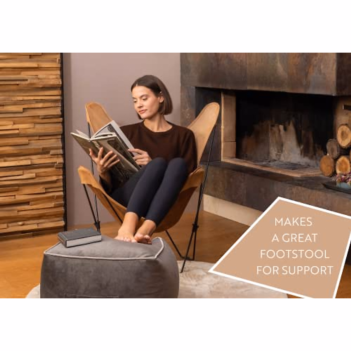 English Home Ottoman Pouffe, Comfortable Cube Foot Stool, Soft Velvet Bean Bag, Home Decor Footstool Extra Seating for Living Room, Bedroom, Casha, 17.7x17.7 inch (45x45 cm), Beige