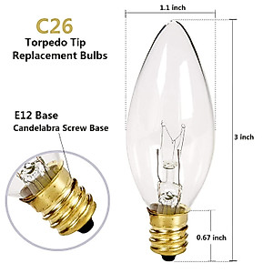 12 Pack Clear Torpedo Tip Replacement Bulbs, Replacement Light Bulbs for Electric Candle Lamps, Window Candles, Chandeliers- Clear Incandescent E12 Candelabra Base Light Bulbs- 120V 7 Watts Bulbs