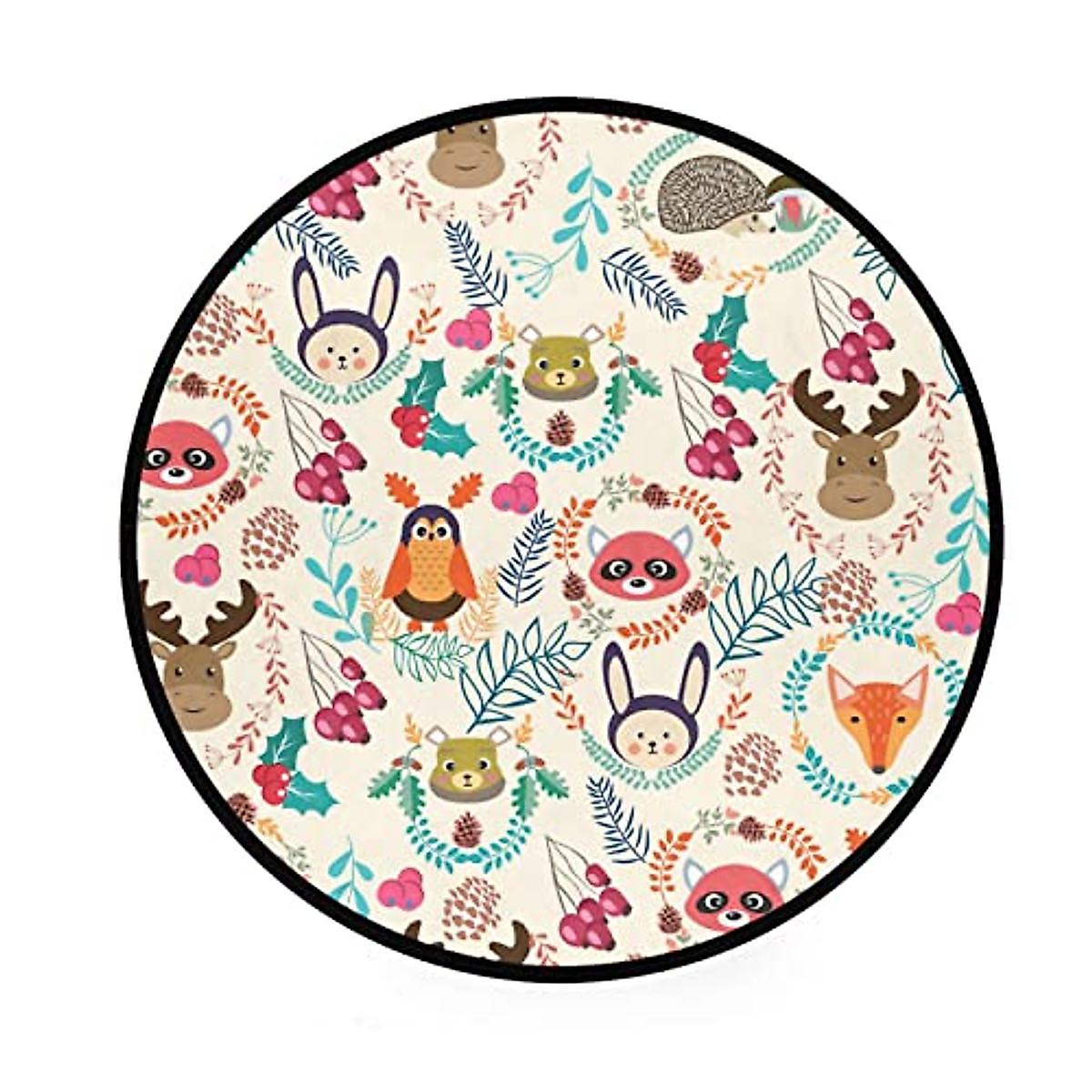 Cute Cartoon Forest Animals and Plants Round Area Rug, Non Slip Indoor Throw Area Rug, Washable Circle Carpet Floor Mat for Living Room,Door Mat Entryway,Bedroom,Sofa,3 Ft